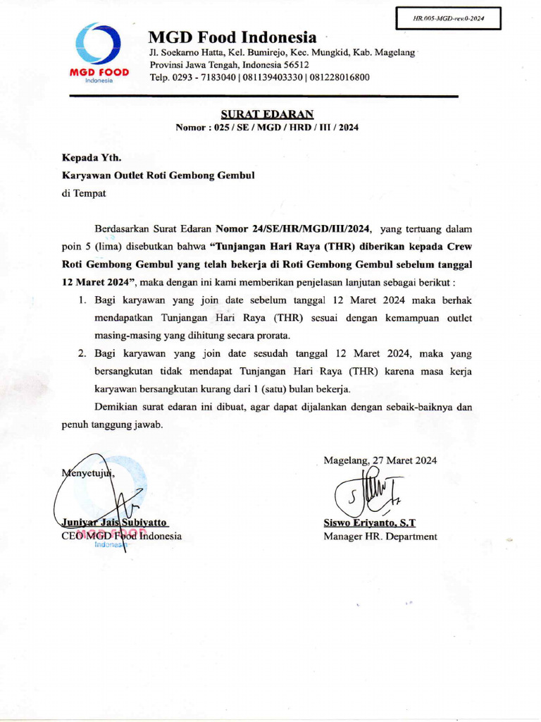 Surat Edaran THR Roti Gembong Gembul | PDF