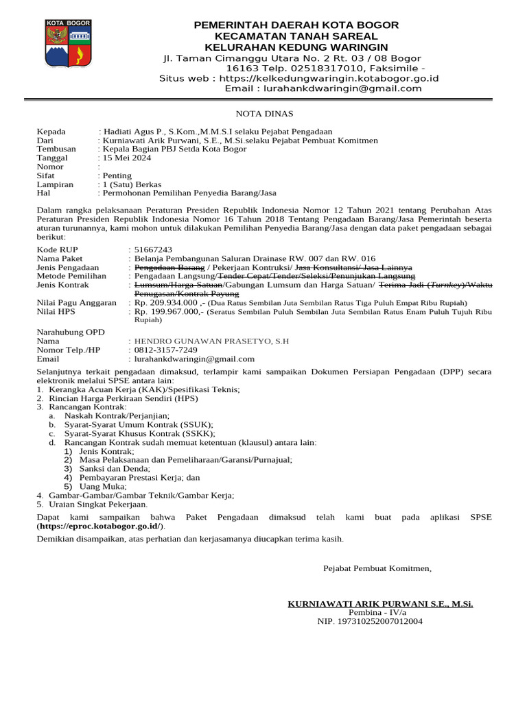Nota Dinas Belanja Pembangunan Drainase | PDF