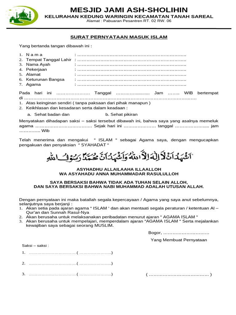 Surat Pernyataan Masuk Islam | PDF