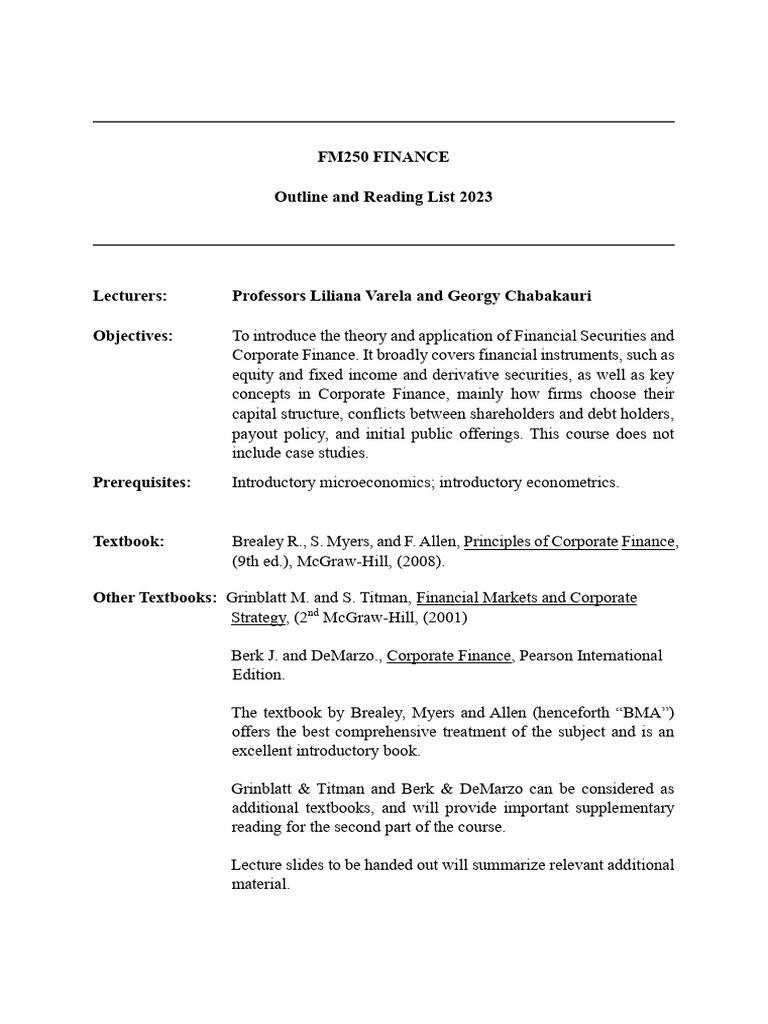 FM250 Course Outline 2023 | PDF | Capital Structure | Option (Finance)