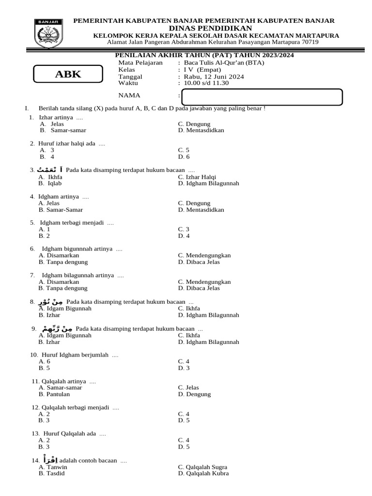 Soal PAT BTA Kelas IV 2024 ABK | PDF