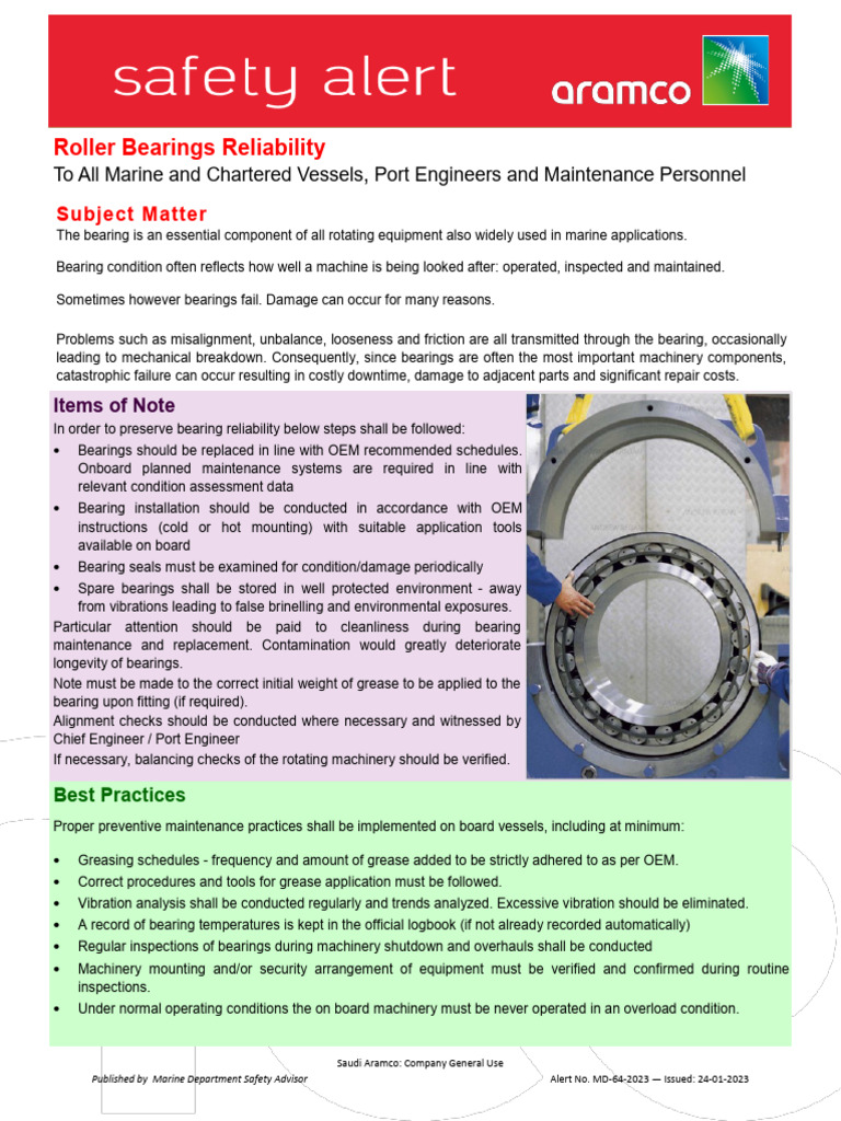 Marine Safety Alert - Publication 64-23 Roller Bearings Reliability ...