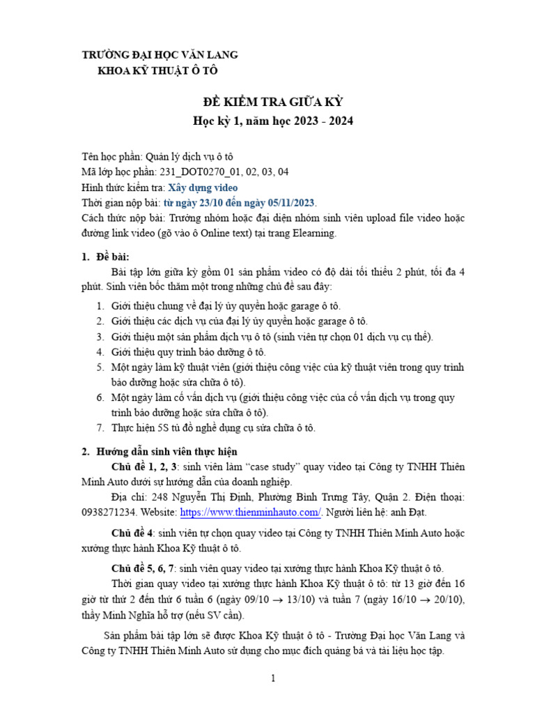 Đề bài - Hướng dẫn làm video - hk231 - K26 | PDF