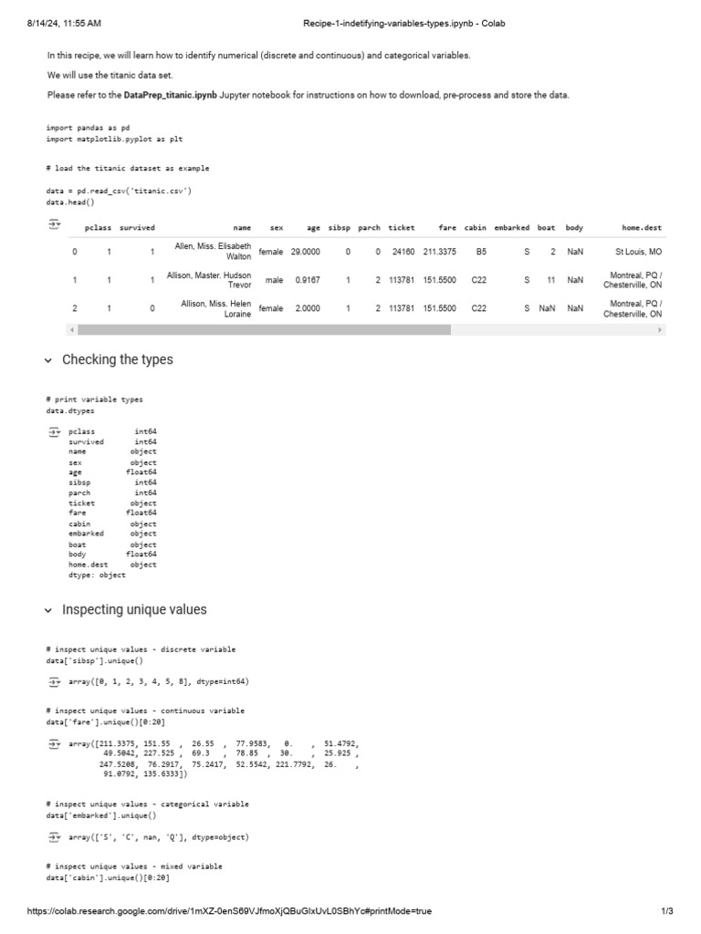 Recipe-1-Indetifying-Variables-Types - Ipynb - Colab | PDF | Data | Computing