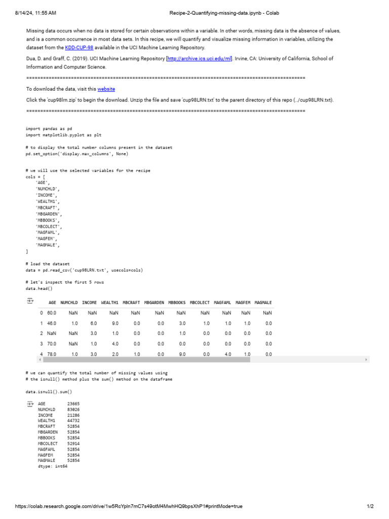 Recipe 2 Quantifying Missing Data Ipynb Colab Pdf Mean Computing