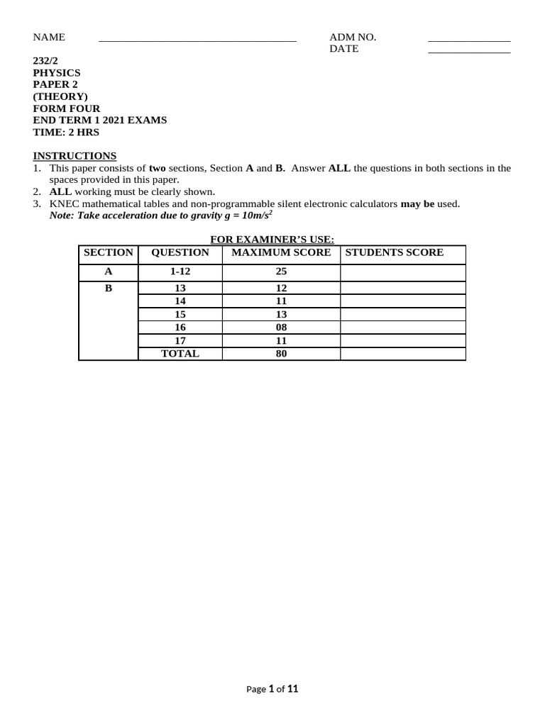 PHYSICS PP2 Form 4 End Term 1 Exam 2021 Teacher - Co .Ke | PDF ...