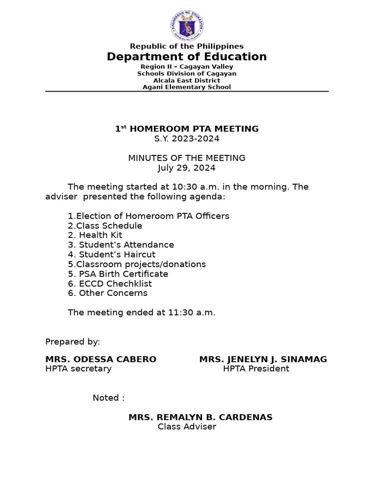Homeroom-Pta-Meeting-Attendance Minutes | PDF