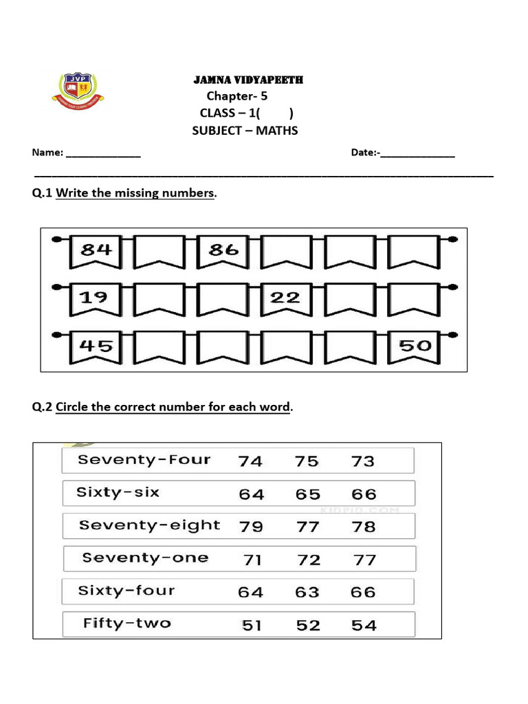 Class 1 Maths Worksheet | PDF