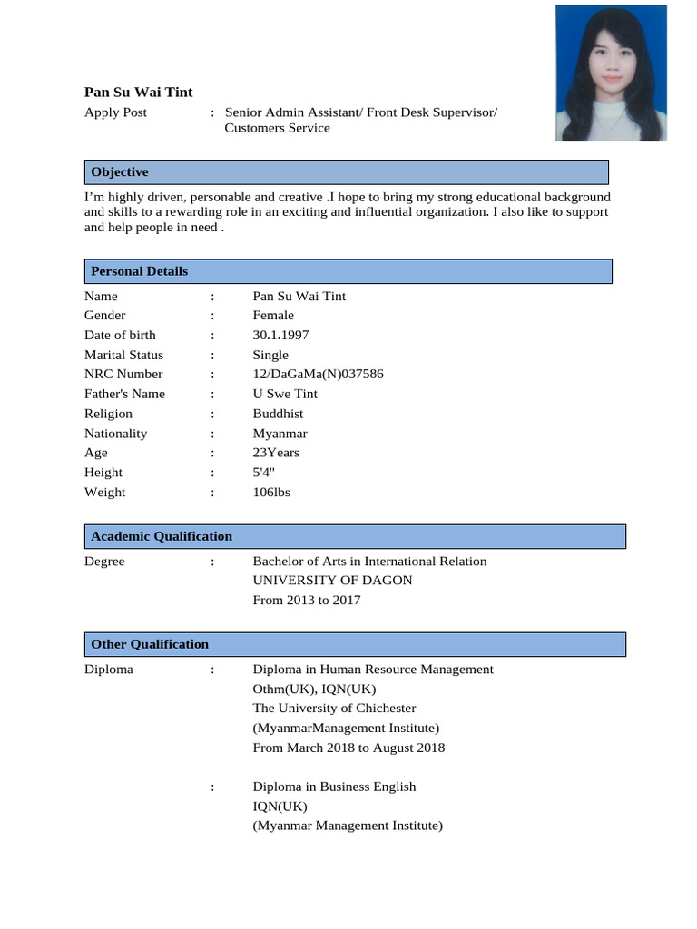 Pan Su Wai Tint: Objective | PDF