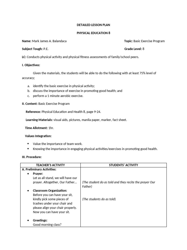 Basic Exercise Program Lesson Plan | PDF | Strength Training | Physical ...