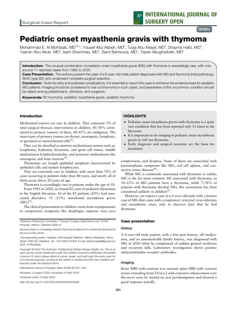 Pediatric Onset Myasthenia Gravis With Thymoma.8 | PDF | Clinical Medicine | Medical Specialties