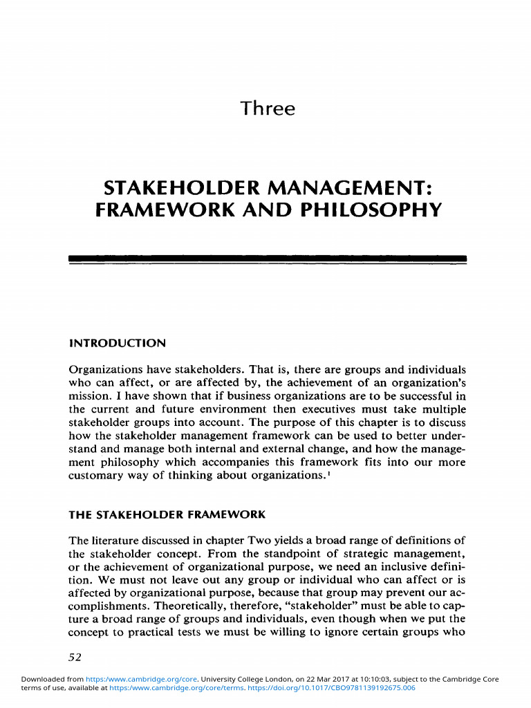 Freeman 1984 - Stakeholder Management Framework and Philosophy | PDF ...