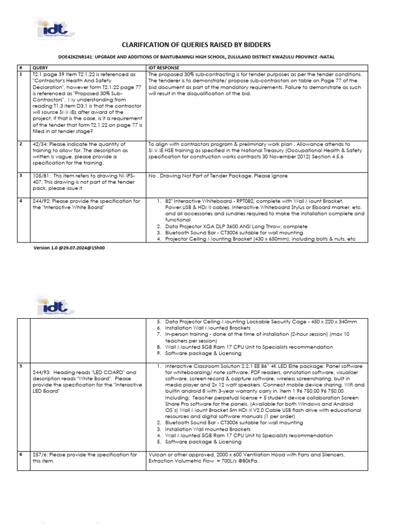 CLARIFICATION OF QUERIES RAISED BY BIDDERS - BANTUBANINGI HS - REV 29 July 2024 ALL BIDDERS ...