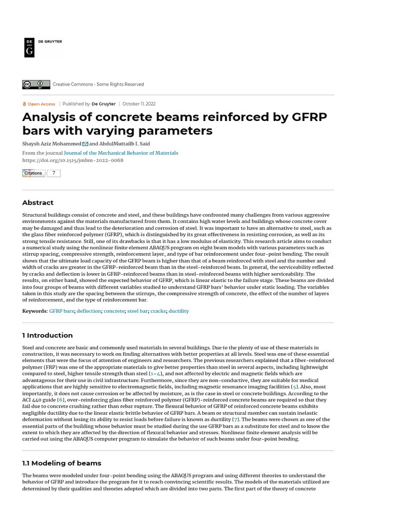 Analysis of Concrete Beams Reinforced by GFRP Bars With Varying ...