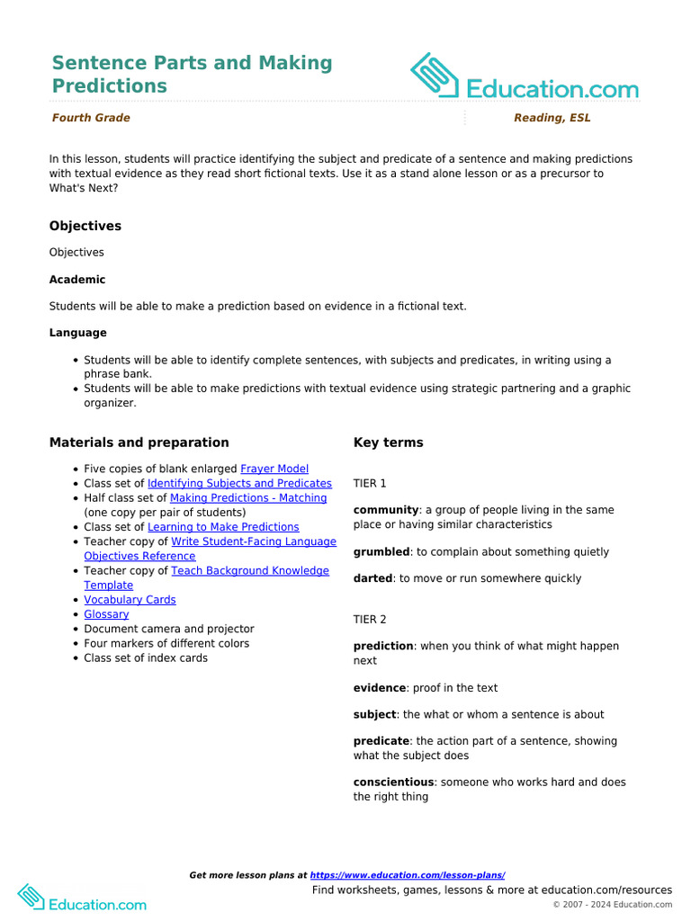 Sentence Parts and Making Predictions: Objectives | PDF | Subject ...