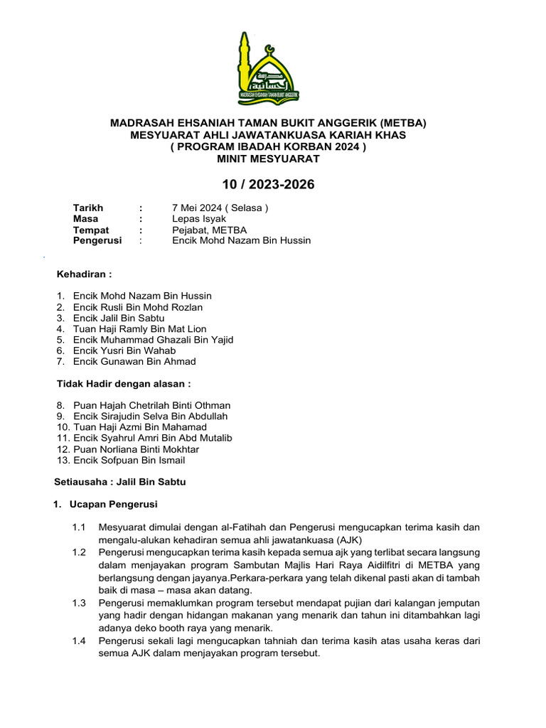 Catatan Minit Mesyt Ajk Khas Program Korban | PDF