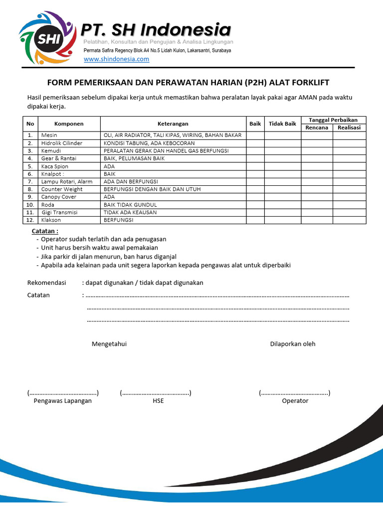 Form P2H Alat Forklift | PDF