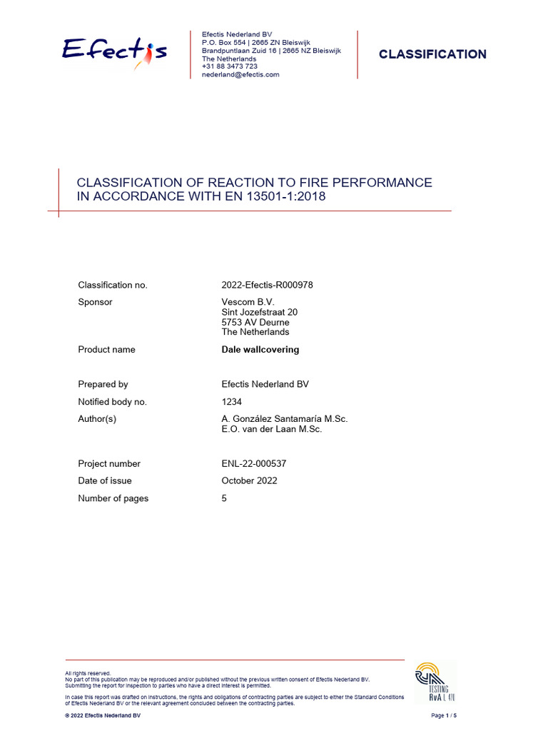 Classification of Reaction To Fire Performance IN ACCORDANCE WITH EN ...