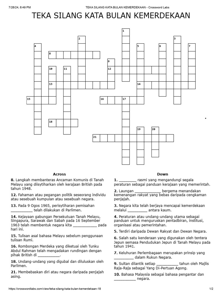 TEKA SILANG KATA BULAN KEMERDEKAAN MENENGAH ATAS Soalan Crossword | PDF
