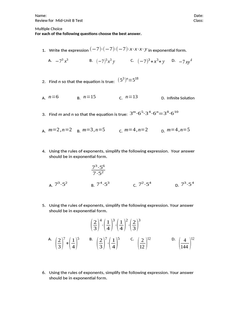 Mid Unit F Review | PDF | Equations | Exponentiation