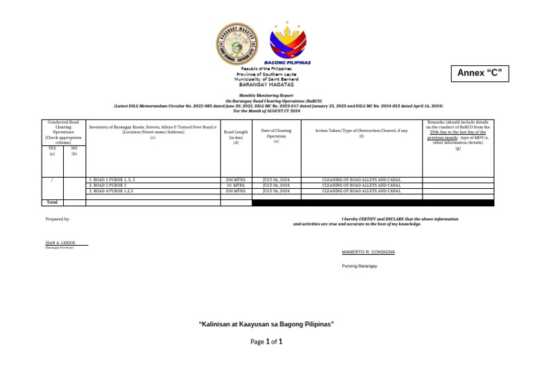 Barangay Road Clearing Report - August 2024 | PDF