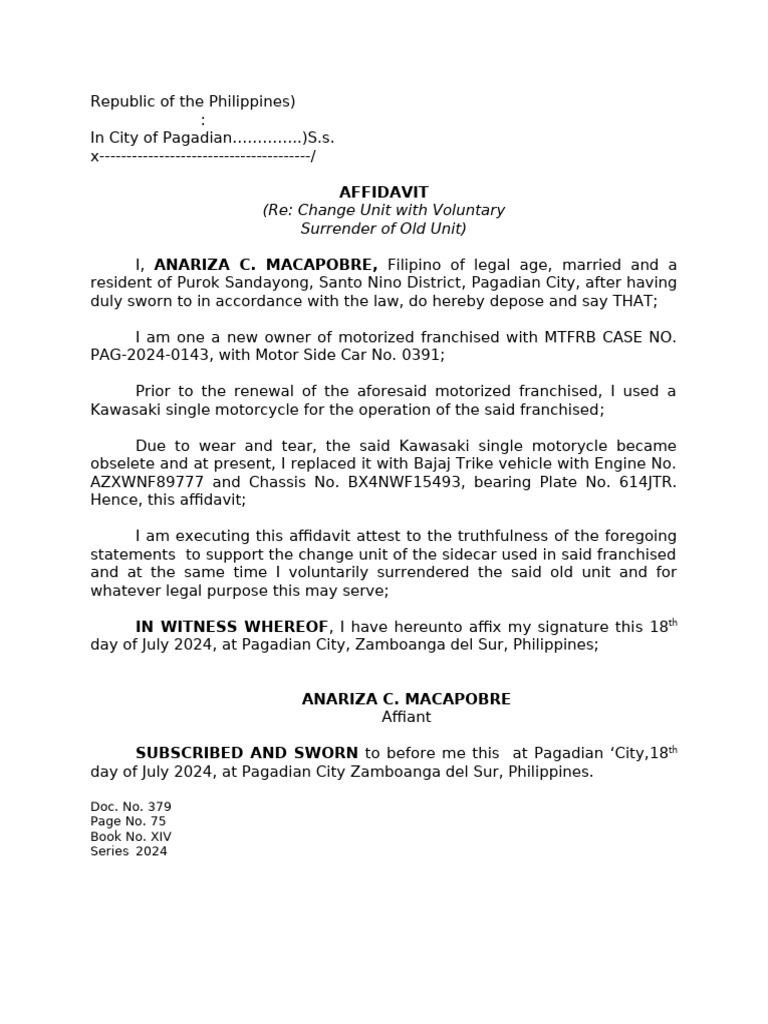 AFF CHANGE UNIT | PDF | Affidavit | Vehicle Technology