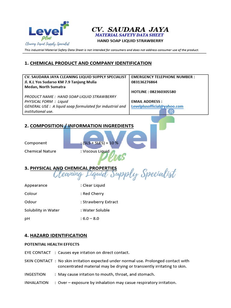 Industrial Hand Soap MSDS - Strawberry | PDF | Water | Hygiene