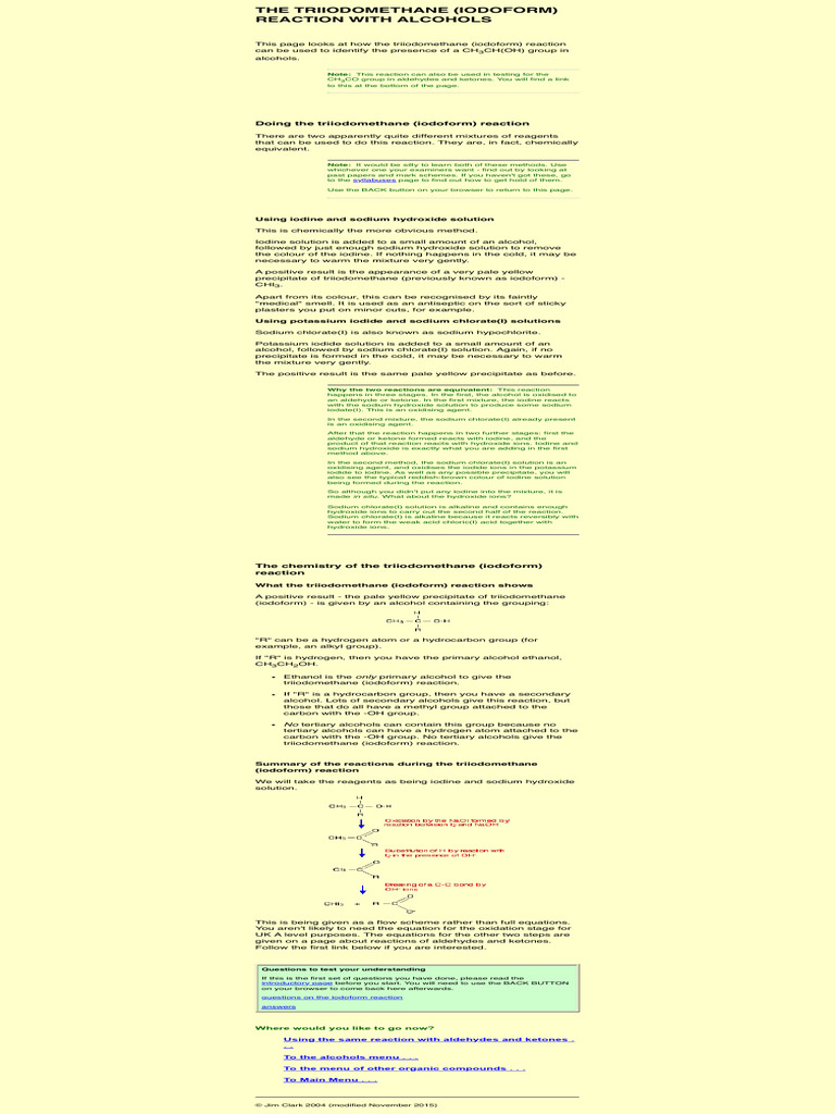 Triiodomethane (Iodoform) Reaction With Alcohols | PDF | Iodine | Aldehyde