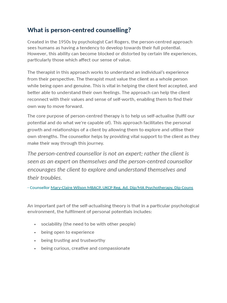 Person Centred Counselling | PDF | Psychotherapy | Self Esteem