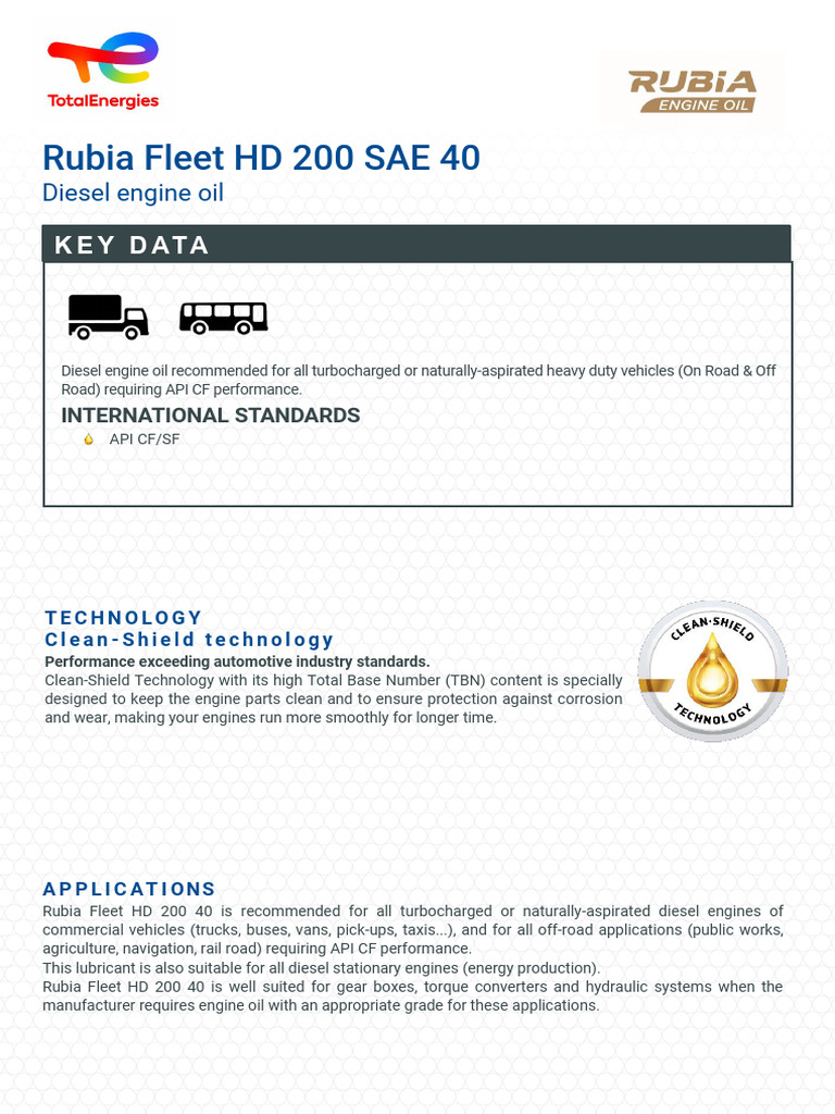 Rubia Fleet HD 200 SAE 40 | PDF | Motor Oil | Engineering