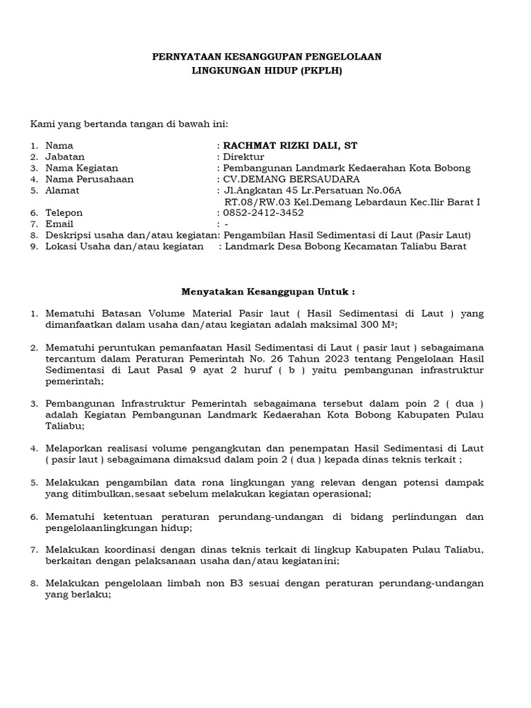Pernyataan Kesanggupan PKPLH | PDF | Hukum | Griya & Taman
