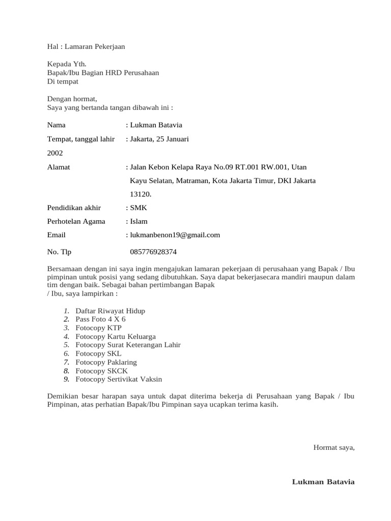 CV Dan Surat Lamaran Kerja Lukman Batavia | PDF