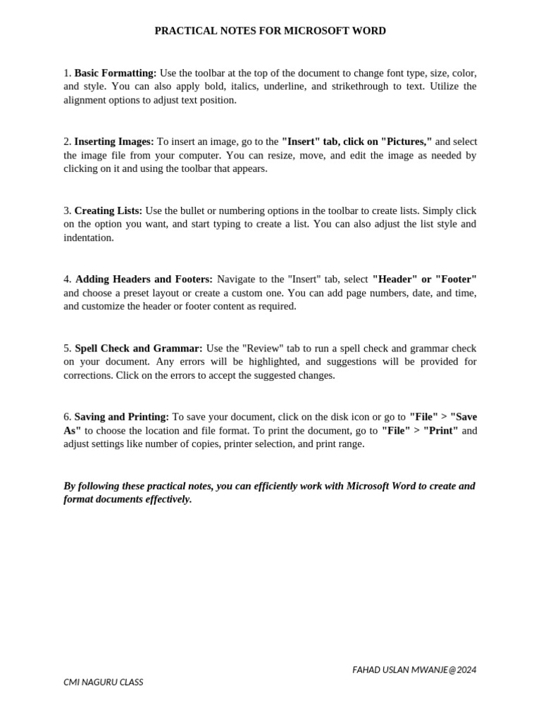Practical Notes For Microsoft Word Summarized | PDF | Microsoft Word ...