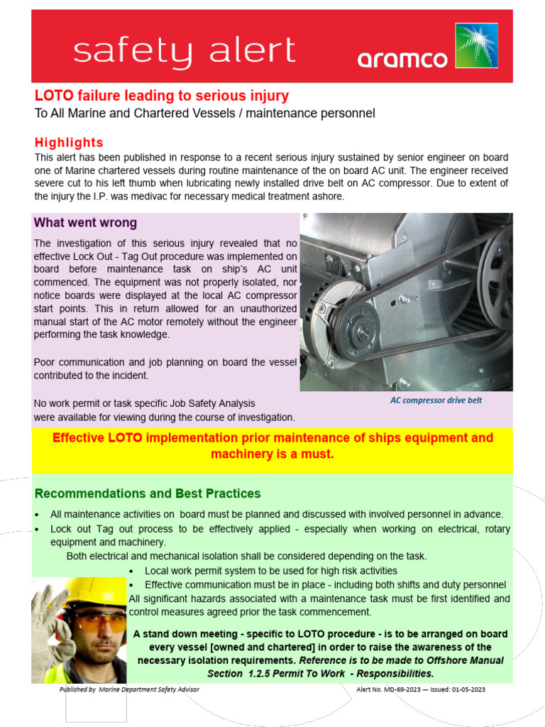 Marine Safety Alert - Publication 69-23 LOTO failure leading to serious injury | PDF ...