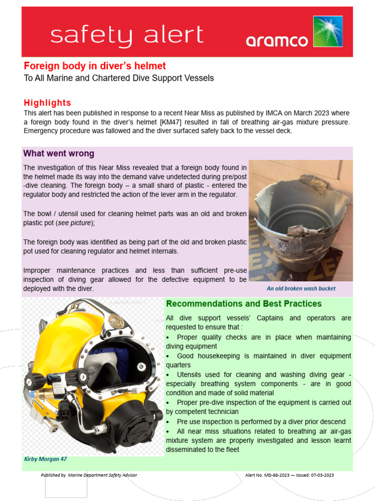 Marine Safety Alert - Publication 68-23 Foreign Body in Diver's Helmet ...