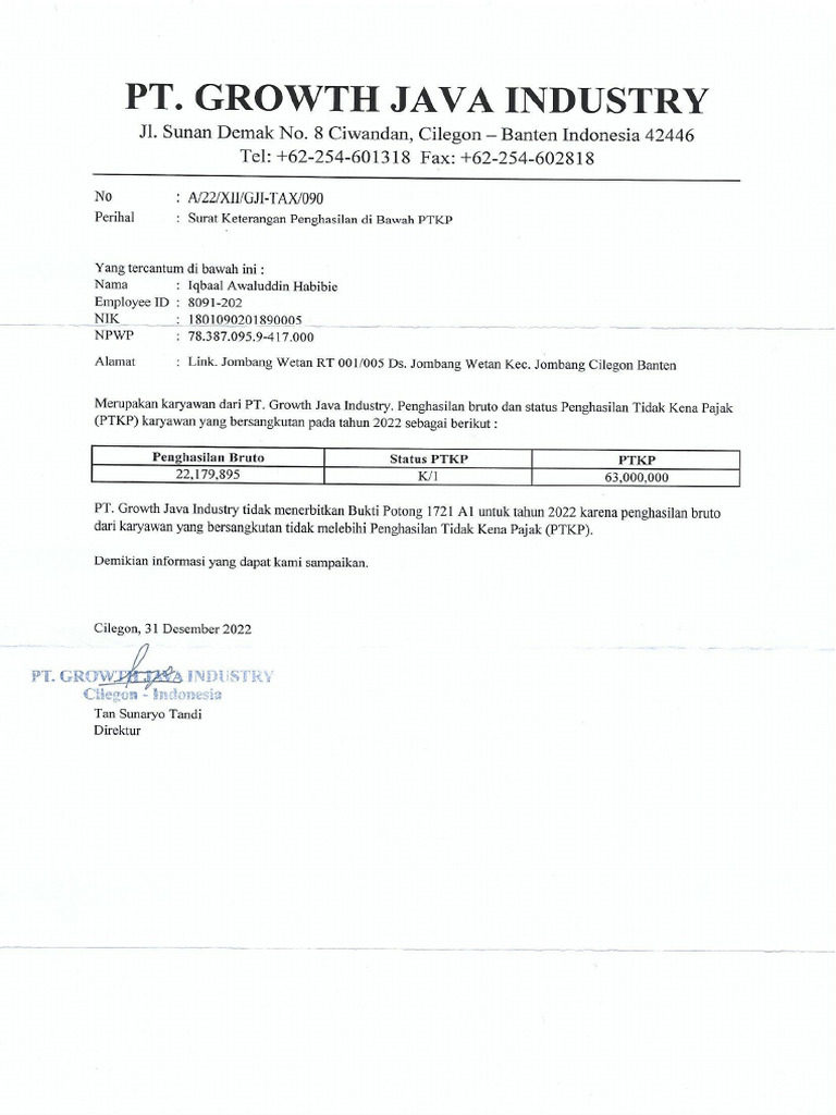 Surat Keterangan Penghasilan Di Bawah PTKP - 0001 | PDF