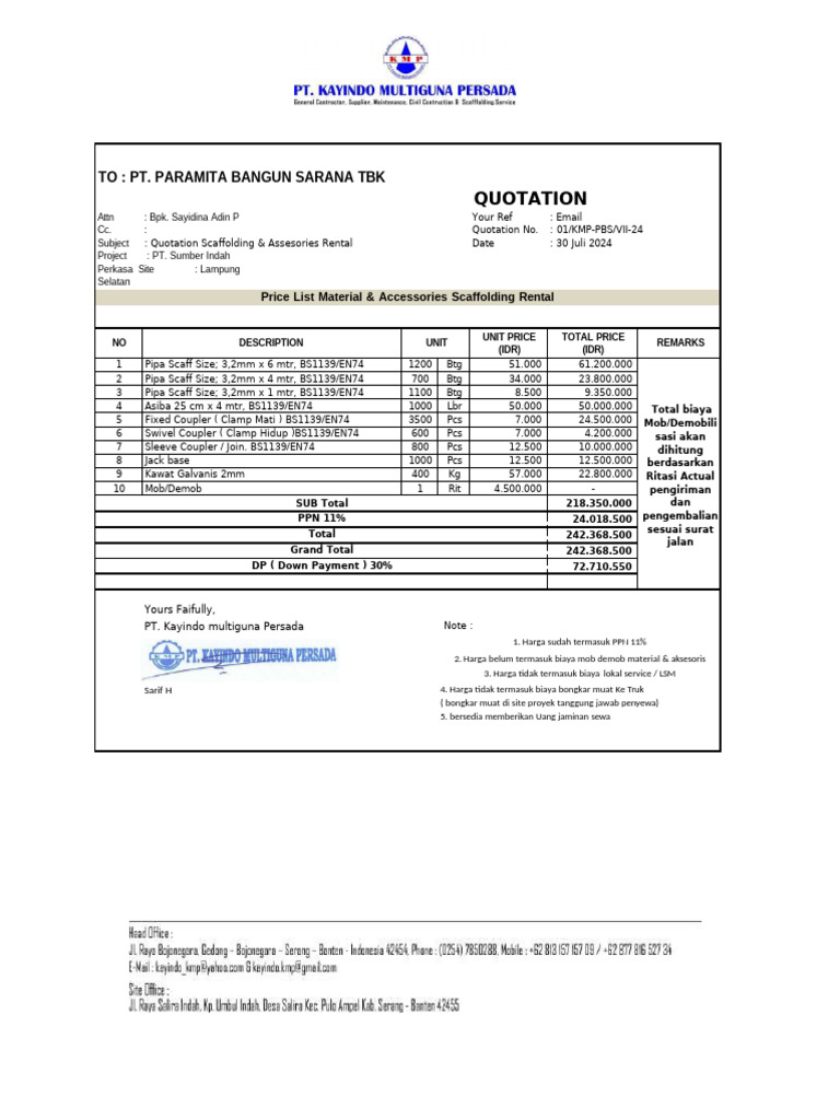 Quotation Scaffolding Pt. Paramita Bangun Sarana TBK | PDF