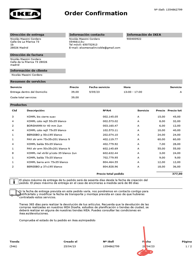 Order Confirmation: Dirección de Entrega Información Contacto Información de IKEA | PDF ...