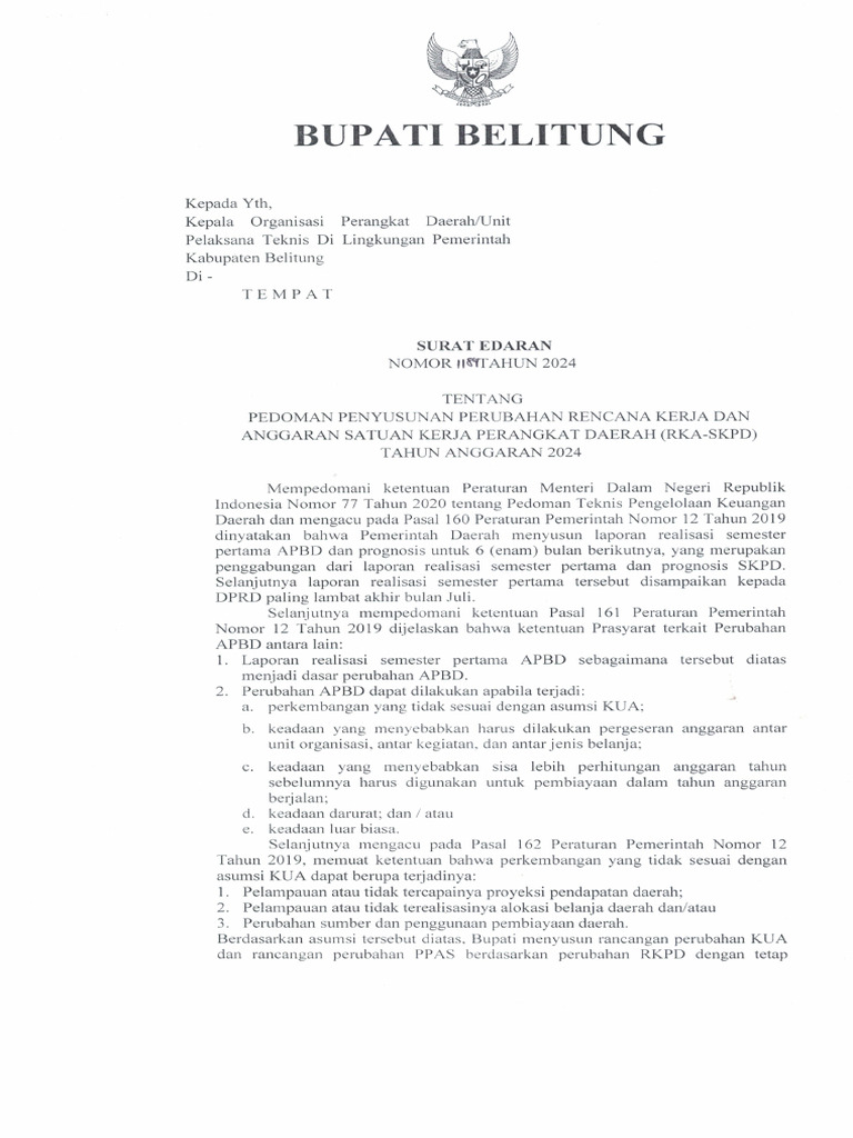 Surat Edaran Pedoman Penyusunan Perubahan RKA-SKPD Tahun Anggaran 2024 | PDF