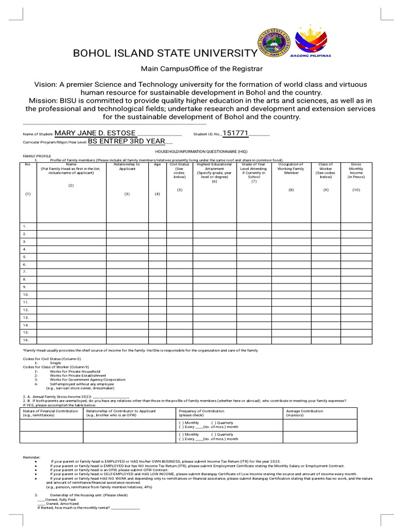 Household Information Questionnaire | PDF | Employment | Self Employment