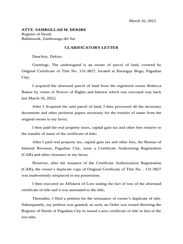 Rod Letter Dayagdag | PDF | Title (Property) | Natural Resources Law