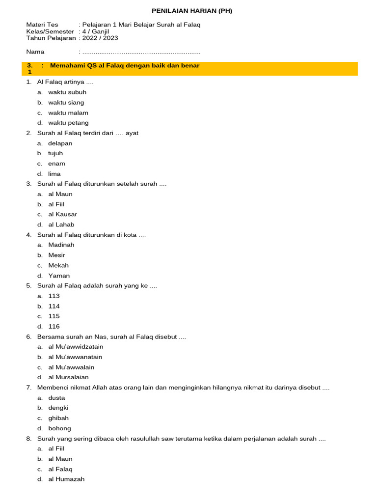Soal PH Ganjil Kelas 4 | PDF | Agama & Spiritualitas
