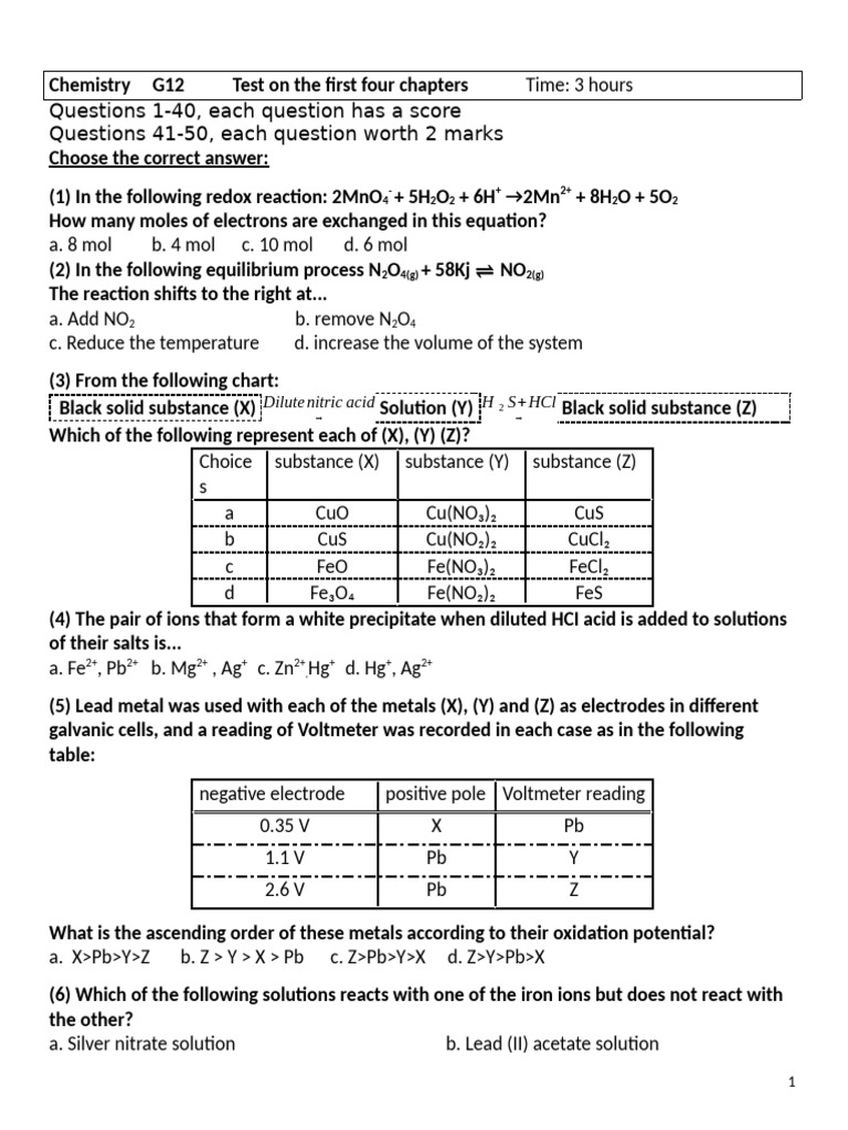 Chemistry G12 Test on the First Four Chapters | PDF | Chemical ...