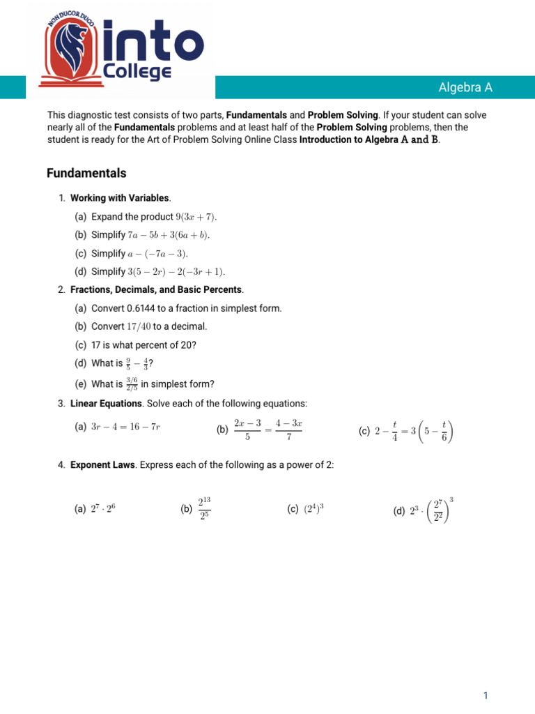 Algebra A Diagnostic Test Guide | PDF | Algebra | Square Root