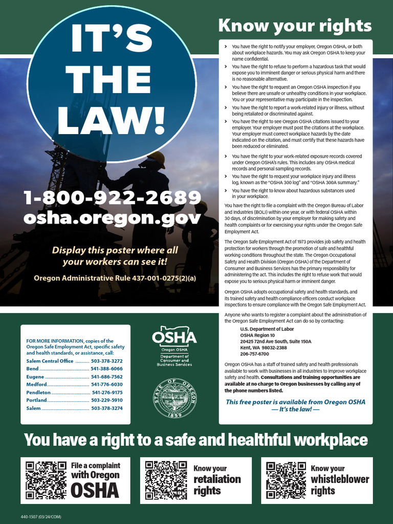 It'S THE Law!: 1-800-922-2689 Osha - Oregon.gov | PDF | Occupational ...