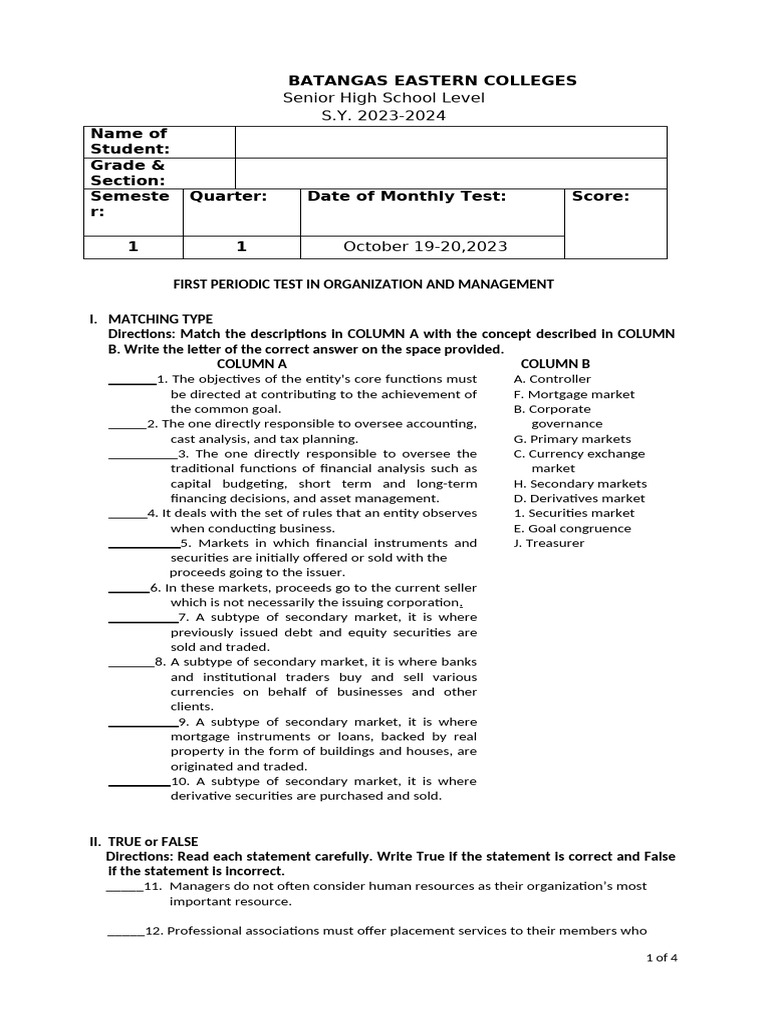 First Periodic Test in Org and Management | PDF | Secondary Market ...