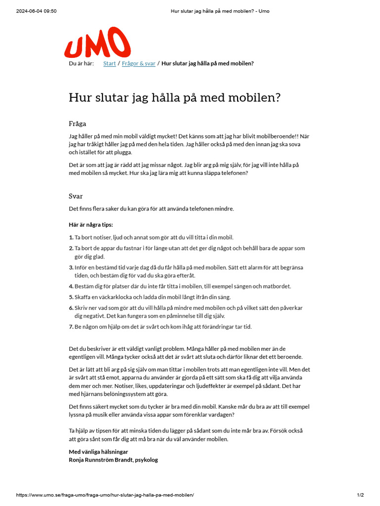 Hur Slutar Jag Hålla På Med Mobilen - Umo | PDF