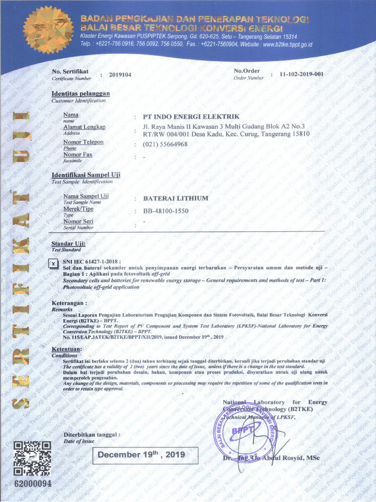4.3.sertifikat SNI 48V 100 Ah BPPT | PDF