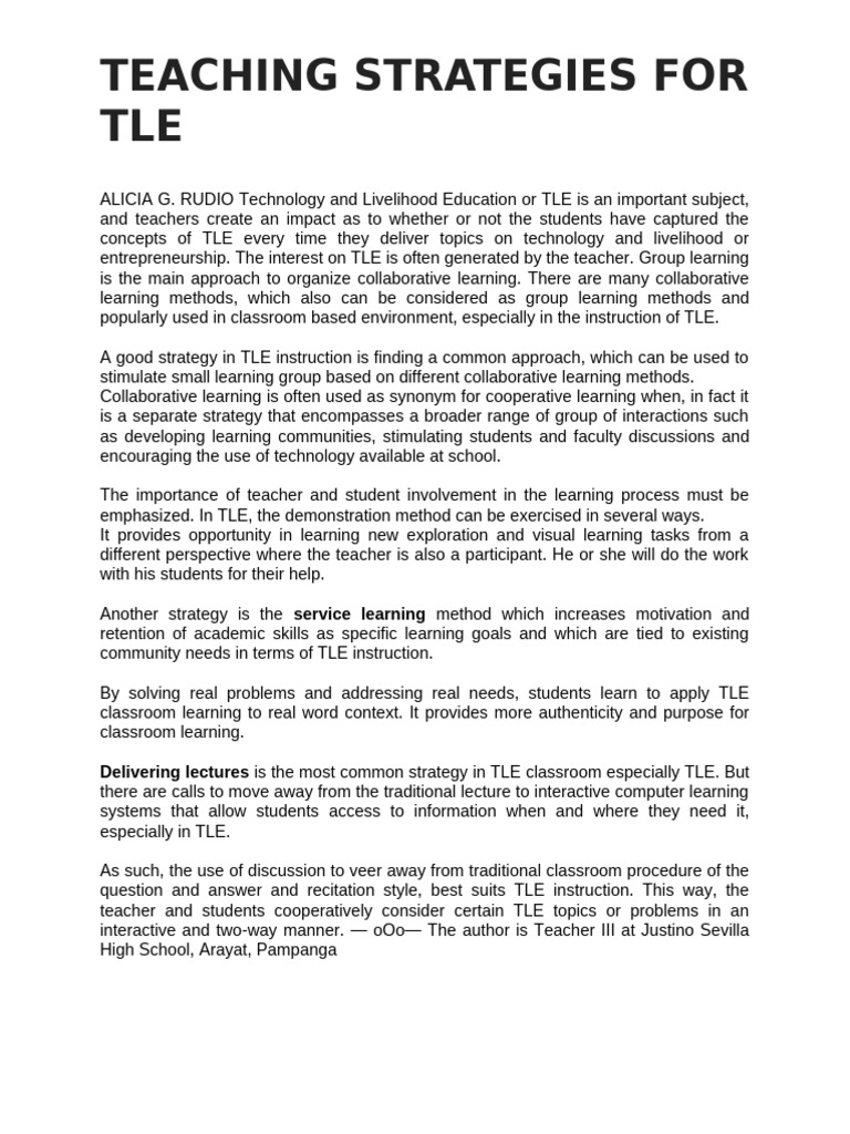 Teaching Strategies For Tle | PDF | Learning | Teachers