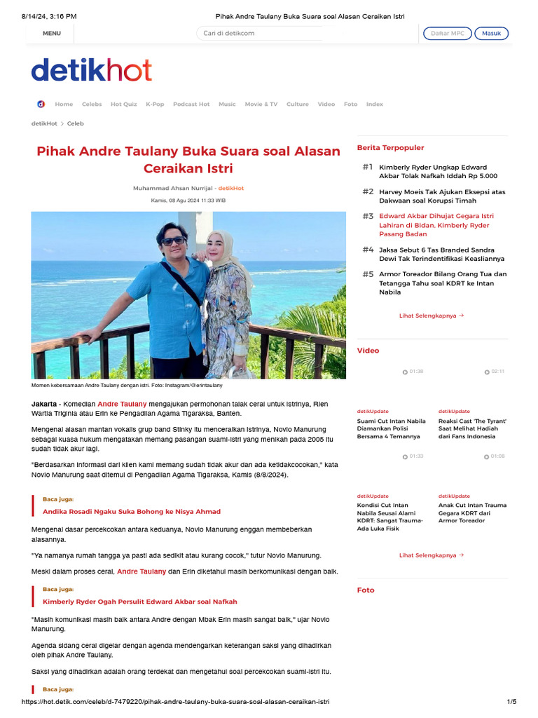 Pihak Andre Taulany Buka Suara Soal Alasan Ceraikan Istri | PDF